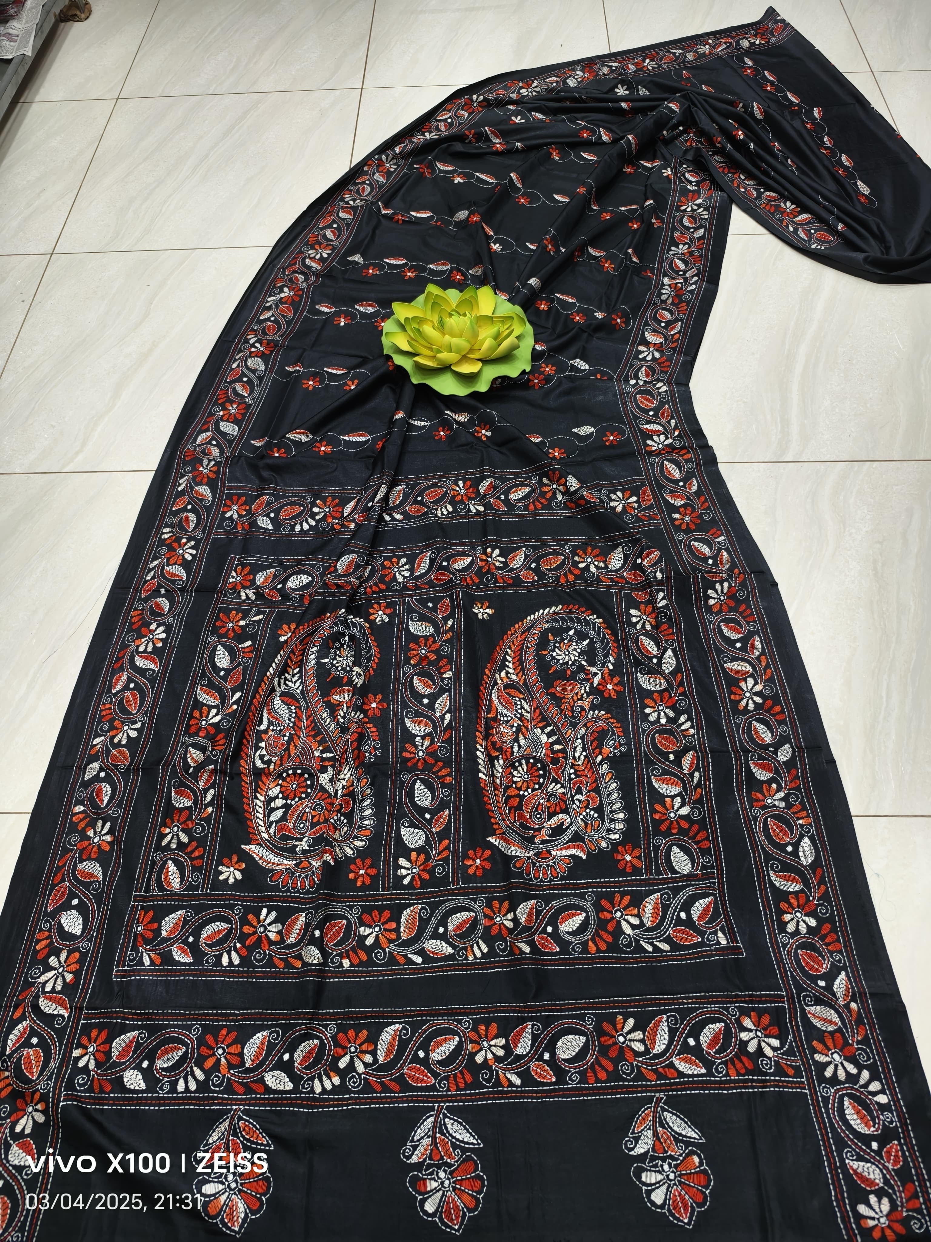 SAMVITA Black Kantha Stitch Silk Saree – Hand-Embroidered Elegance in ...