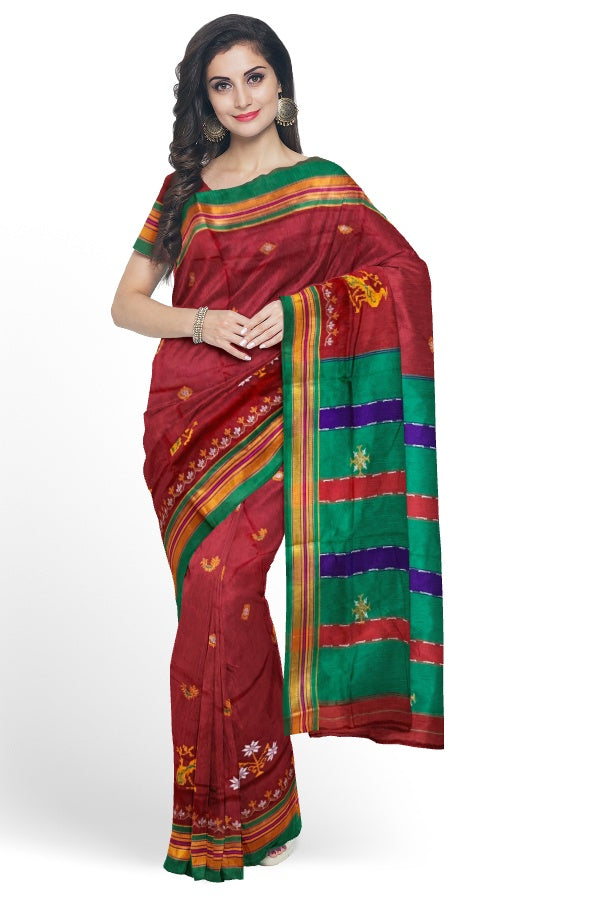 Maroon Cotton Silk Ilkal Saree with Kasuti Embroidery Work – Samvita